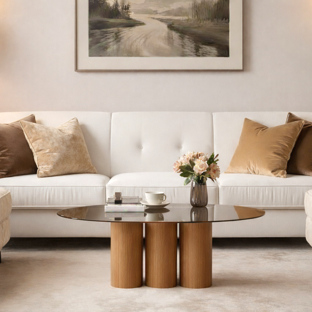 Modern Oval Glass Top Coffee Table With Three Wooden Base Columns For ...