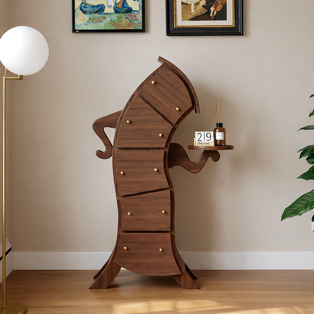 Modern Wooden Curved Storage Cabinet With Asymmetrical Drawers And Sid ...