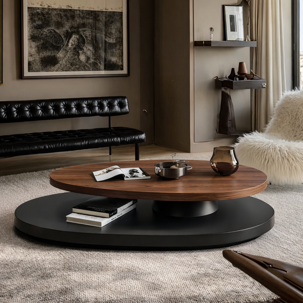 Modern Wooden Pebble Shaped Coffee Table With Swivel Top For Living Ro ...